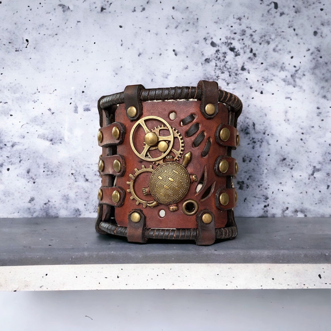 Wide Brown Turtle Steampunk Leather Bracelet, Men's Bronze Gothic ...