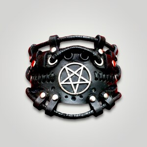 Wide Black Inverted Pentagram Leather Bracelet, Five Pointed Pentangle ...