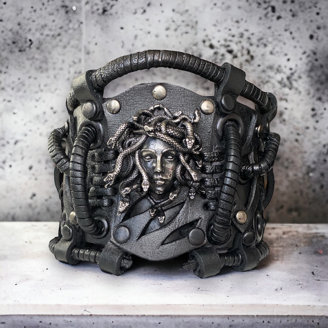 Medusa Gorgon Black Leather Bracelet, Greek Mythology Leather Cuff ...