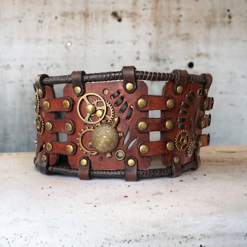 Wide Brown Turtle Steampunk Leather Bracelet, Men's Bronze Gothic ...