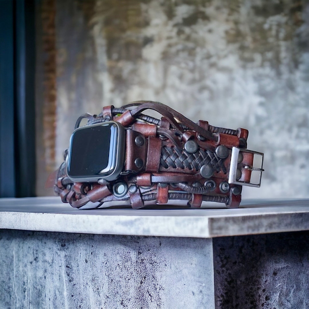 Apple Watch Handmade Leather Bracelet, Brown Steampunk Leather Cuff for ...