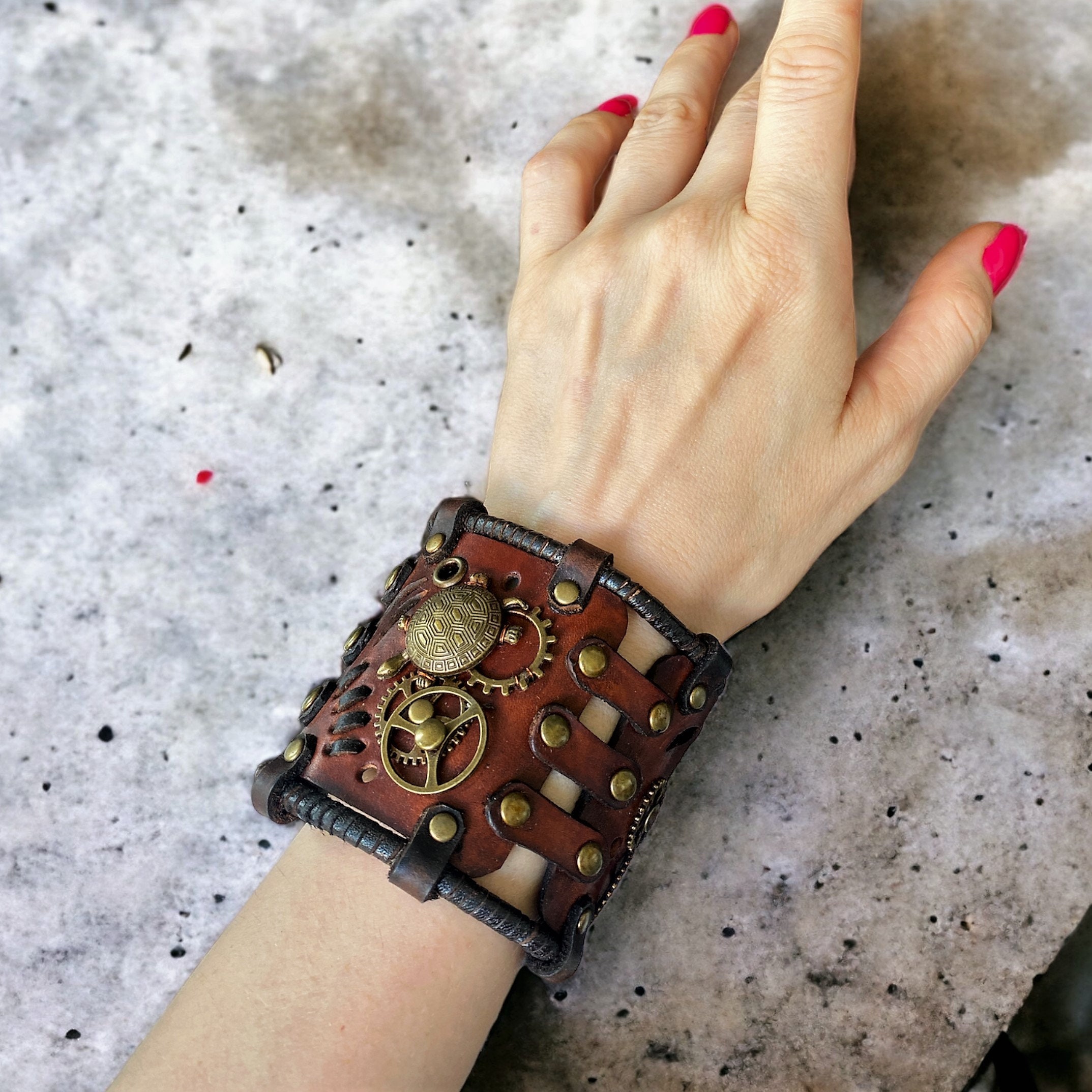 Wide Brown Turtle Steampunk Leather Bracelet, Men's Bronze Gothic ...