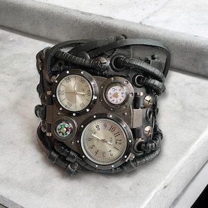 Men's Black Steampunk Wristwatch Leather Bracelet, Genuine Leather ...
