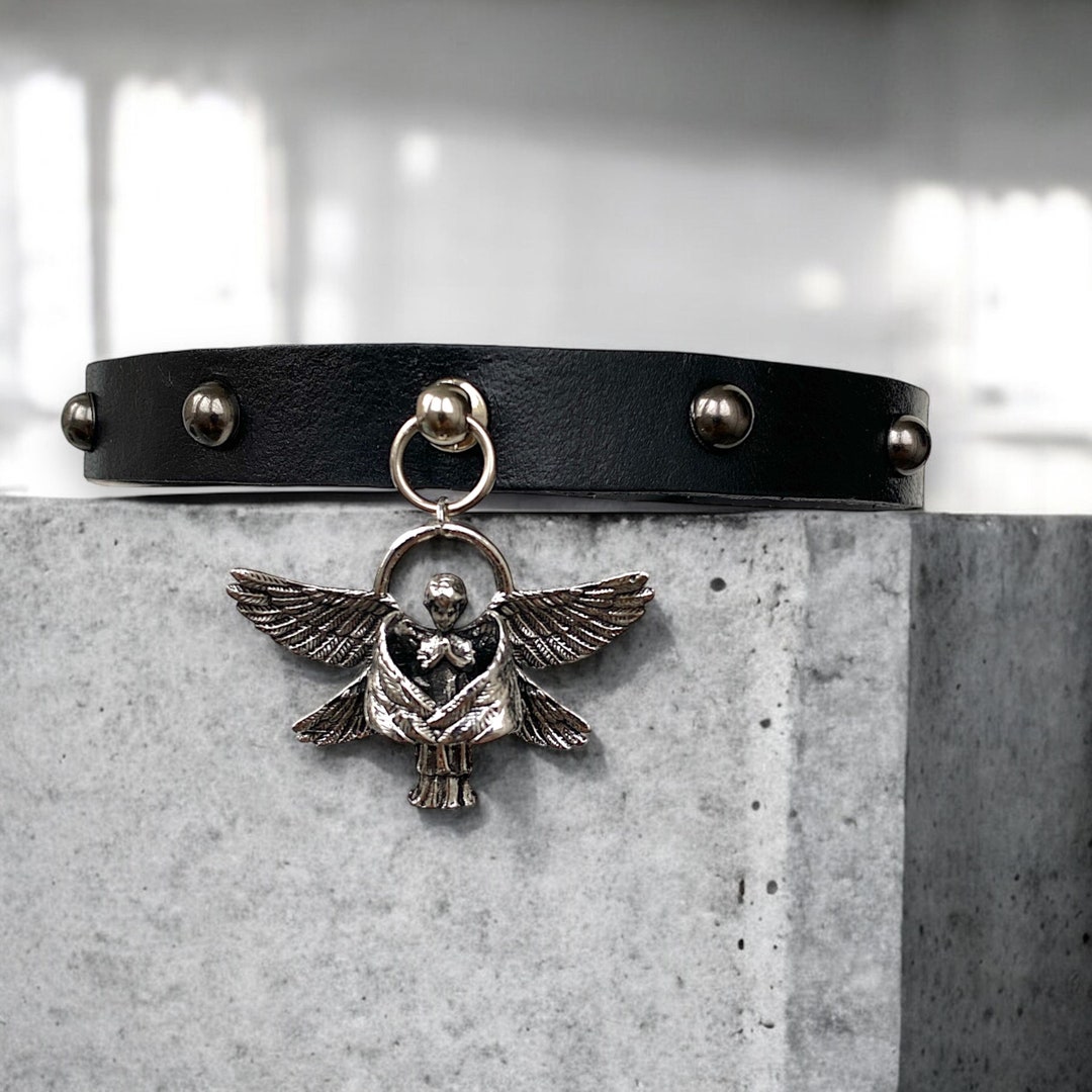Black Leather Angel Choker: Studded Gothic Collar, Punk Cosplay ...