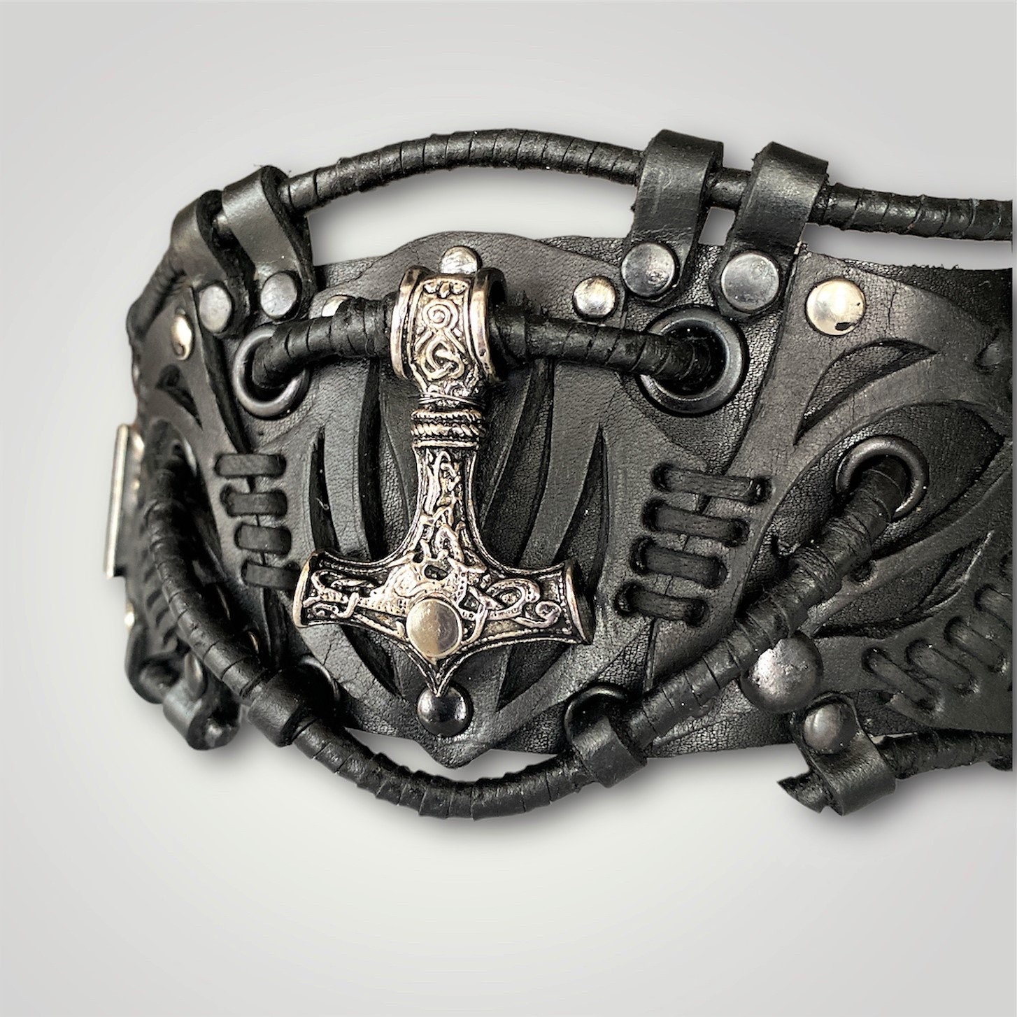 Thor Hammer Black Leather Bracelet, Thor Mjolnir Geniune Leather Cuff ...