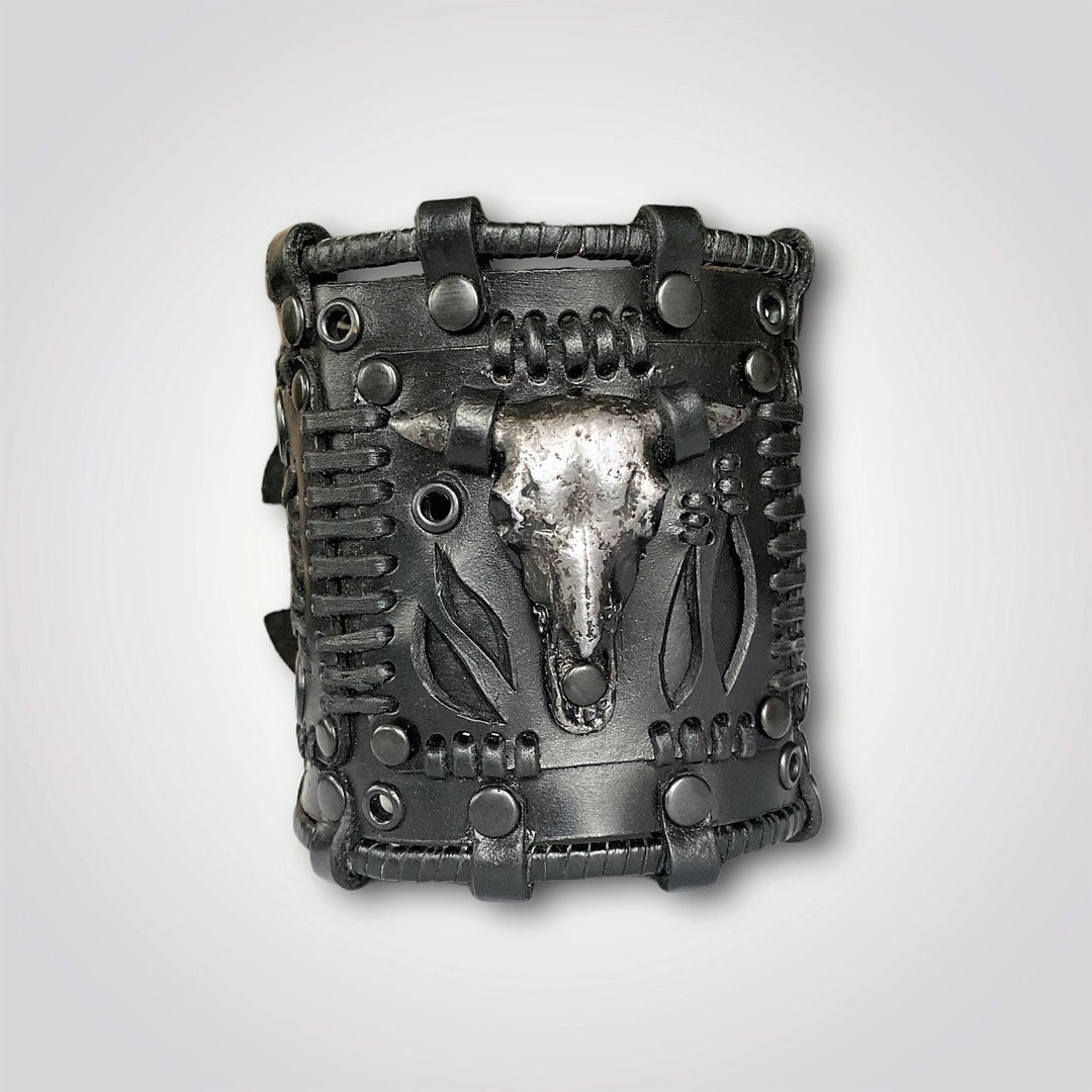 Wide Black Leather Cow Skull Bracelet: Gothic Punk Cuff, Totem Amulet ...