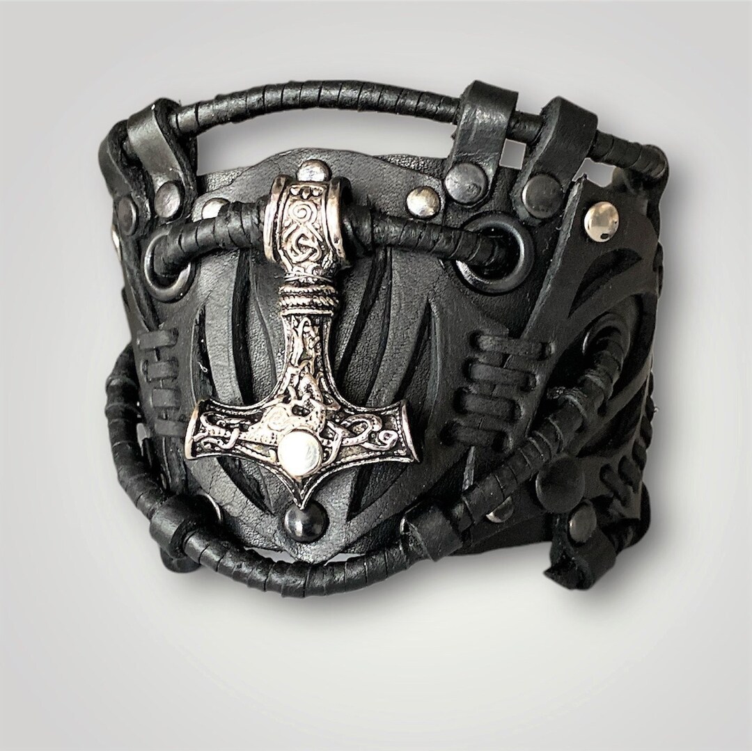Thor Hammer Black Leather Bracelet, Thor Mjolnir Geniune Leather Cuff ...