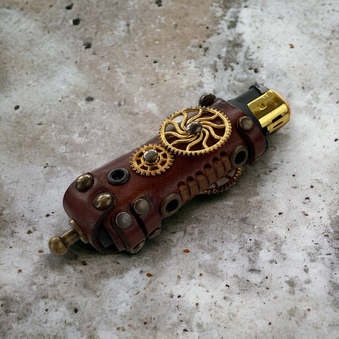 Steampunk Leather Lighter Case, Reusable Clockwork BIC Cover, Smoker ...