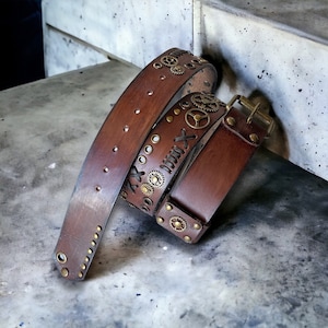 Steampunk Studded Leather Belt With Bronze Buckle, Brown Genuine ...
