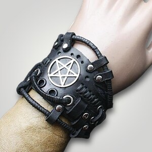 Wide Black Inverted Pentagram Leather Bracelet, Five Pointed Pentangle ...