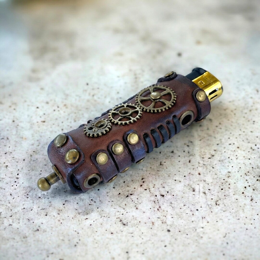 Steampunk Leather Lighter Case for BIC, Clockwork Gear Industrial Cover ...