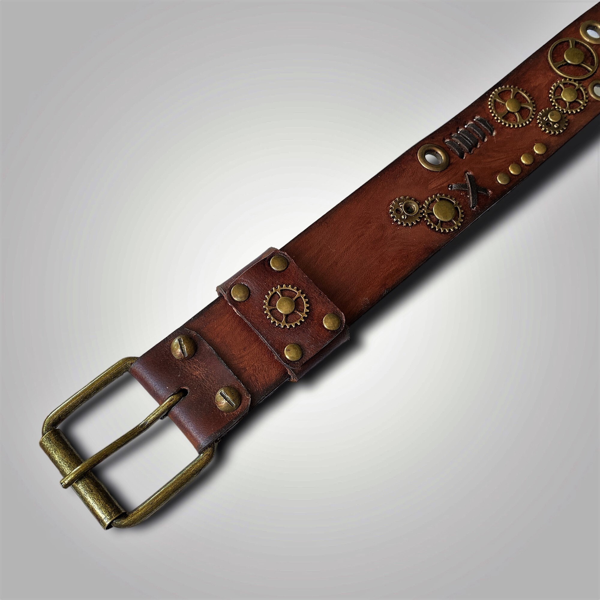 Steampunk Studded Leather Belt With Bronze Buckle, Brown Genuine ...
