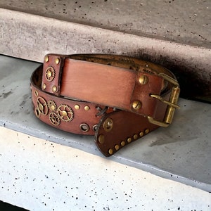 Steampunk Studded Leather Belt With Bronze Buckle, Brown Genuine ...