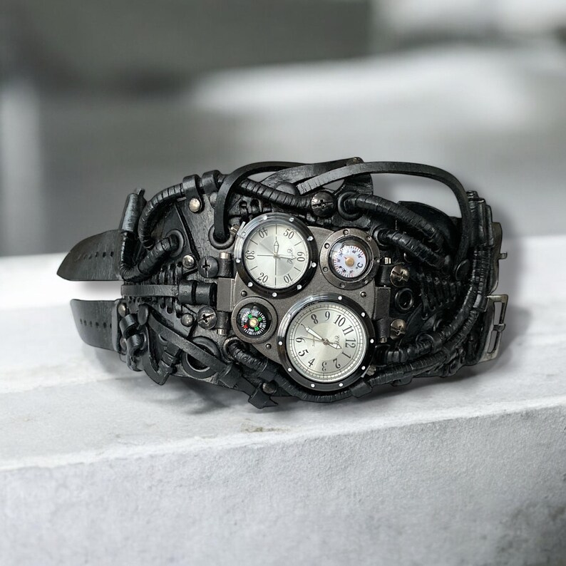 Men's Black Steampunk Wristwatch Leather Bracelet, Genuine Leather ...