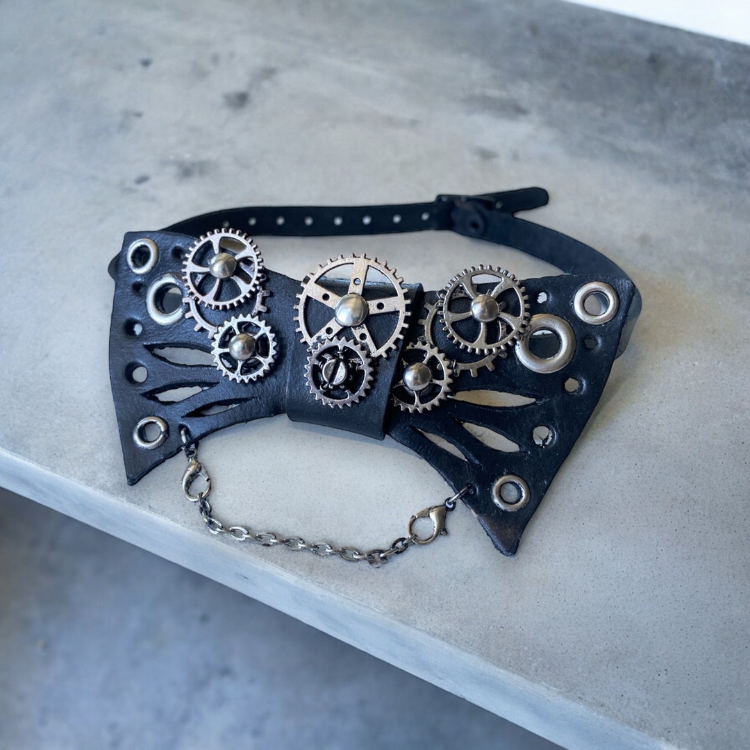 Black Steampunk Leather Bow Tie, Adjustable Vintage Clockwork Bow Tie ...