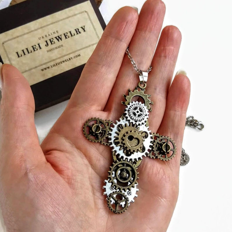 Large Steampunk Cross Necklace Clockwork Gear Cross Pendant | Etsy