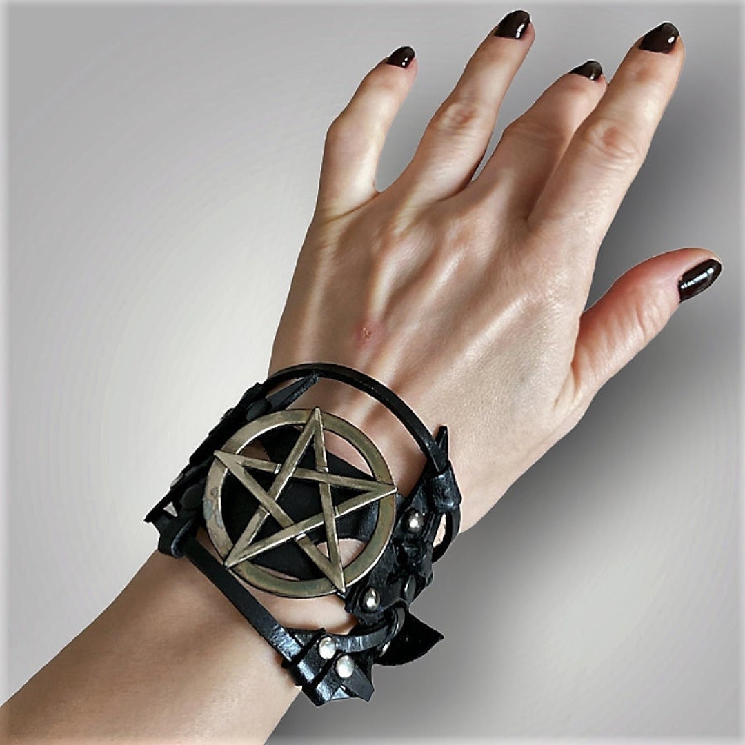 Black Pentagram Star Leather Bracelet, 5 Elements Adjustable Witchcraft ...