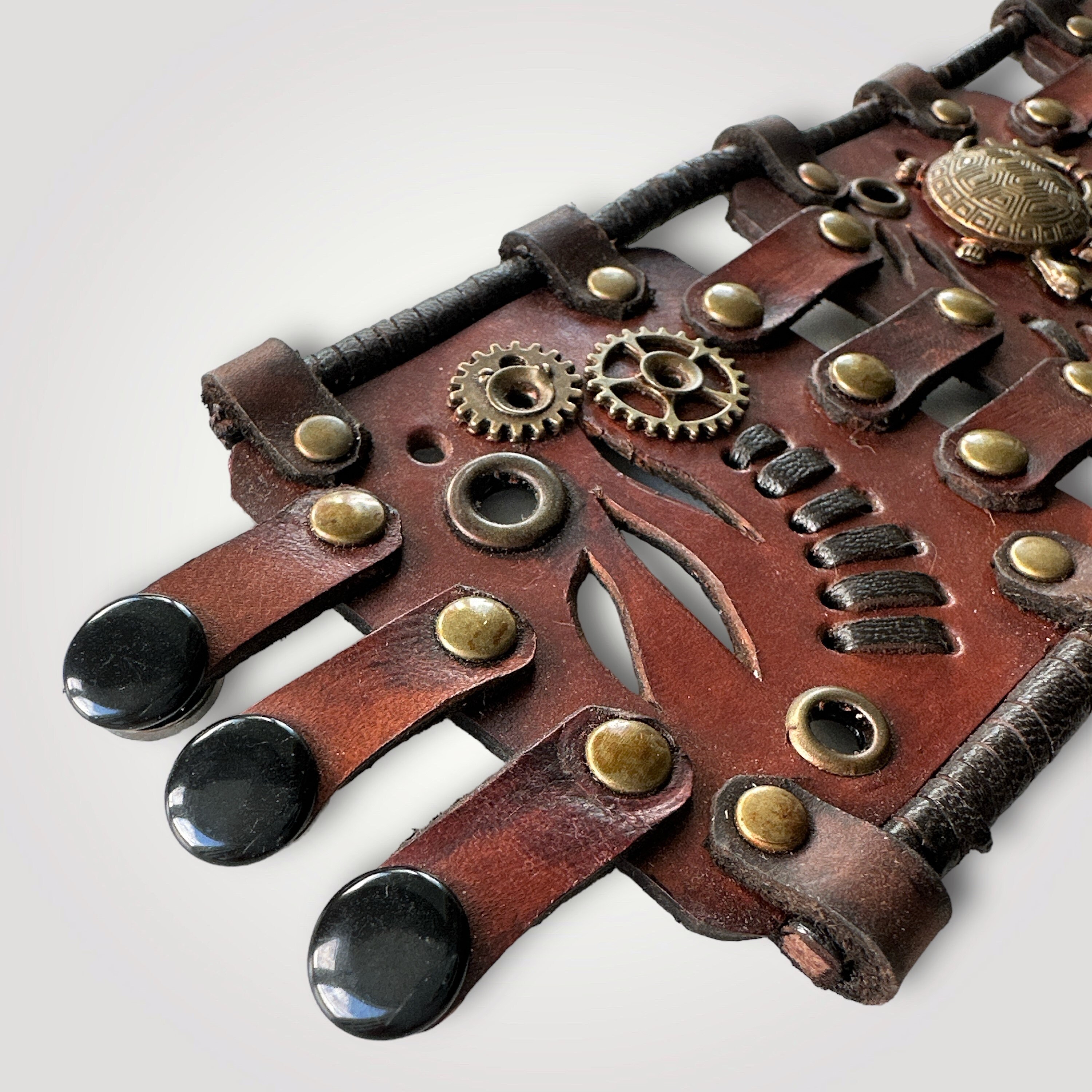Wide Brown Turtle Steampunk Leather Bracelet, Men's Bronze Gothic ...