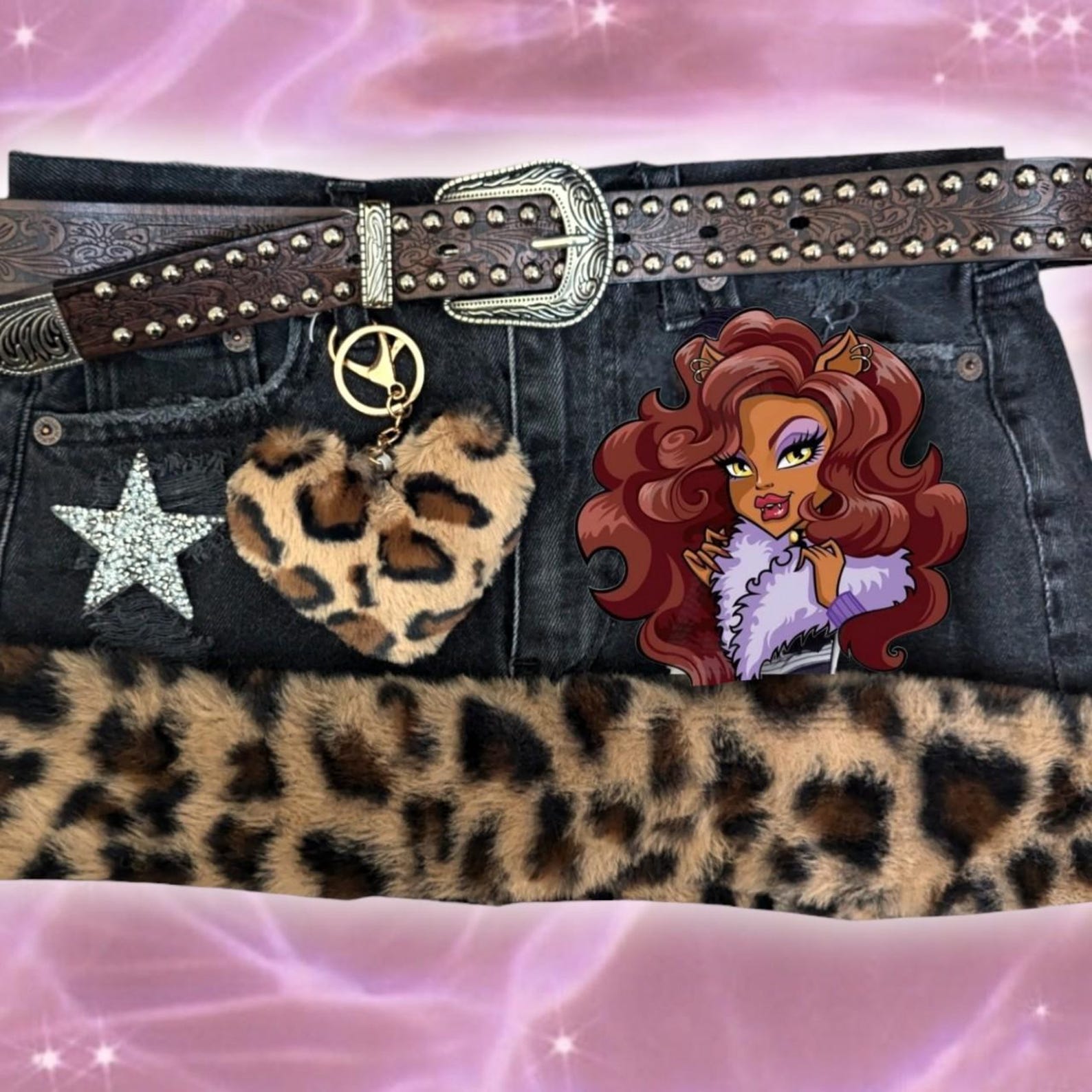 Gyaru Grunge Mcbling Leopard Fur Trim Black Skirt With Monster High ...