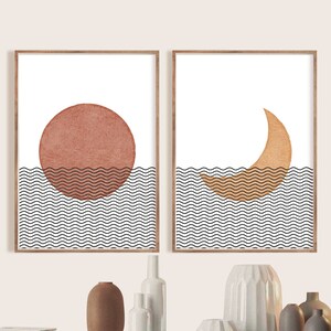 Boho Sun and Moon Print Set of 2, Boho Decor Abstract Landscape ...