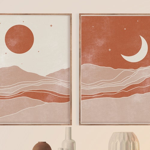 Sun and Moon Wall Art Abstract Landscape Boho Sun and Moon | Etsy