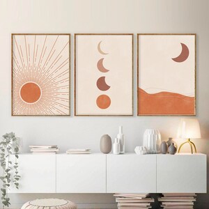 Sun and Moon Phases Art Print Boho Decor Set of 3, Neutral Colors Wall ...