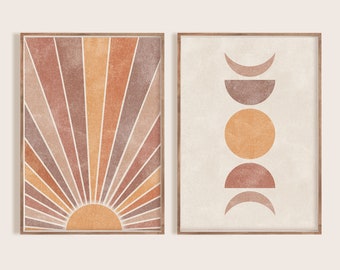 Sun and Moon Phases Art Print Boho Decor Set of 3 Neutral | Etsy