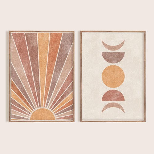 Sun and Moon Phases Art Print Boho Decor Set of 2 Terracotta - Etsy