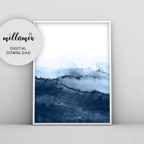 Watercolor Print Dark Blue Wall Art Minimal Wall Art - Etsy