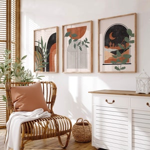 Set of 3 Mid Century Wall Prints | Terracotta Botanical Prints | Living ...