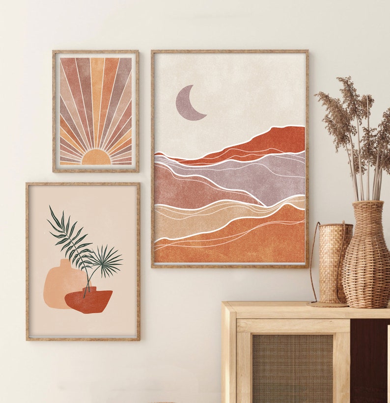 Boho Art Set Of 3 Prints Boho Wall Art Abstract Landscape Etsy