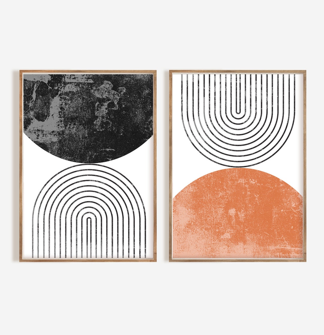 Mid Century Modern Wall Art Print Set of 2 Orange Black and White ...