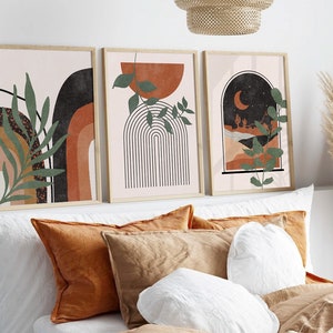 Set of 3 Mid Century Wall Prints | Terracotta Botanical Prints | Living ...