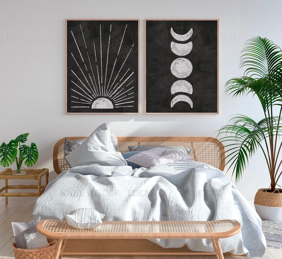 Sun and Moon Phases Art Print Boho Decor Set of 2 Black and | Etsy