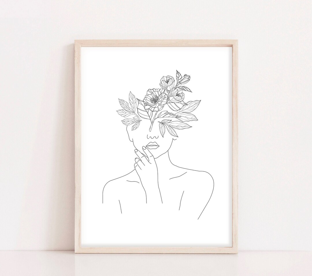 Line Art Woman With Flowers, Head of Flowers Art Print, Flower Woman ...