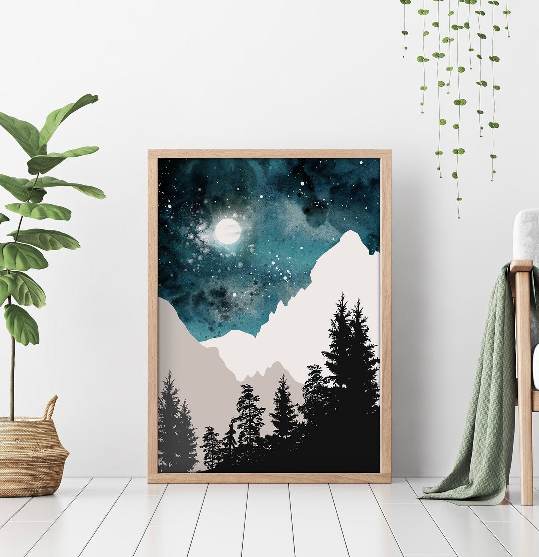 Forest Mountain Wall Art, Watercolor Navy Dark Blue Posters Nature ...