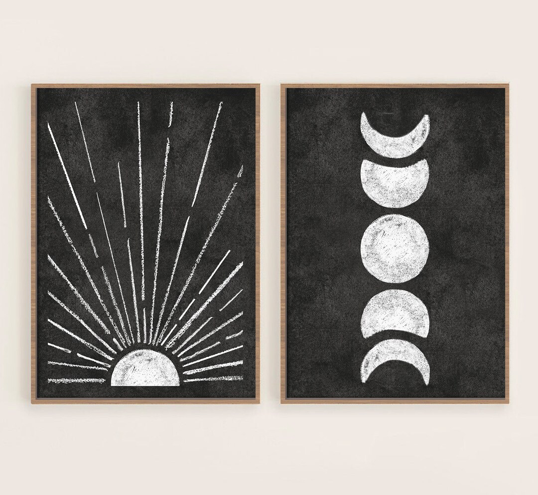 Sun and Moon Phases Art Print Boho Decor Set of 2, Black and White Wall ...