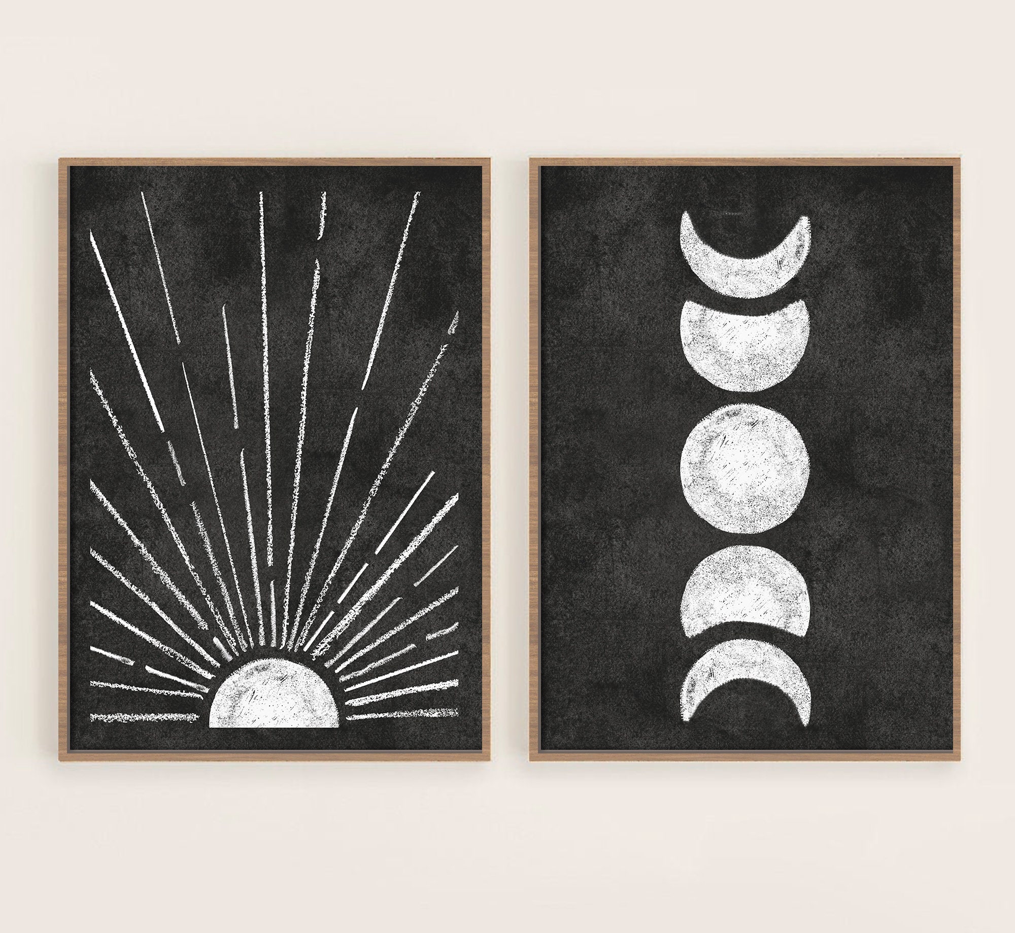 Sun and Moon Phases Art Print Boho Decor Set of 2 Black and - Etsy