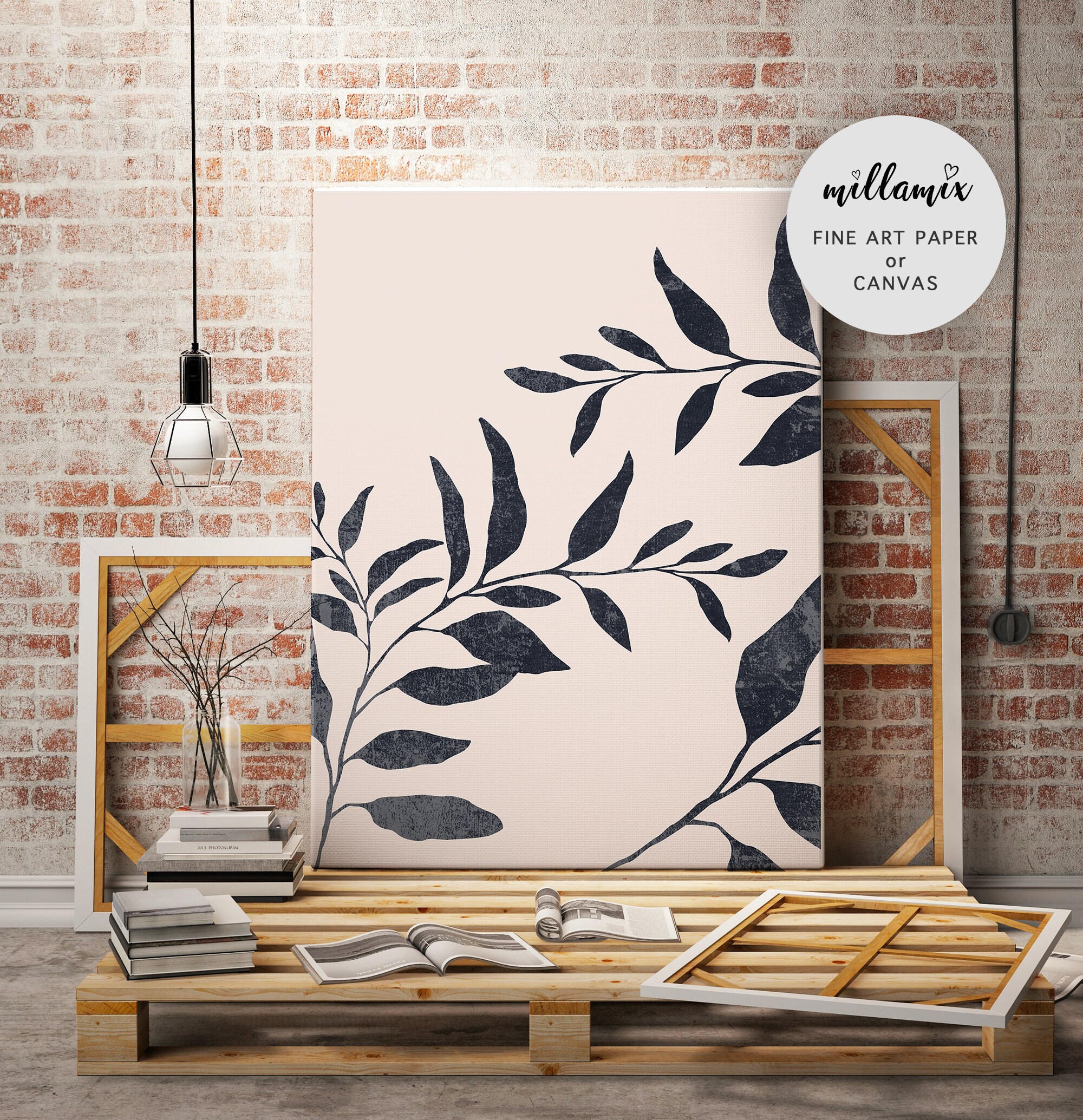 Navy Blue Botanical Leaves Print Modern Wall Art Digital | Etsy
