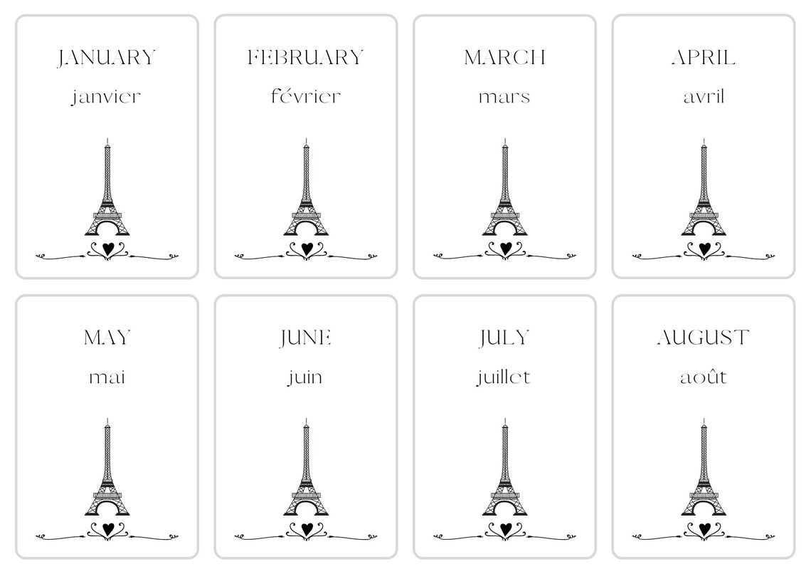 French & English Months | Flashcards - Etsy Sweden