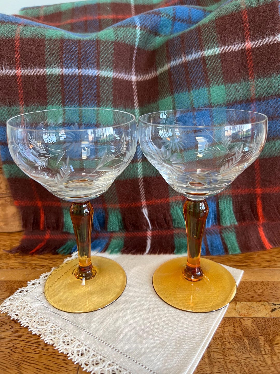Pair Vintage Etched Coupe Glasses, Amber Stem Cocktail Glasses, Retro ...