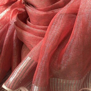 Red Linen Tissue Saree,linen Tissue Red Pure Organic Handwoven Saree ...
