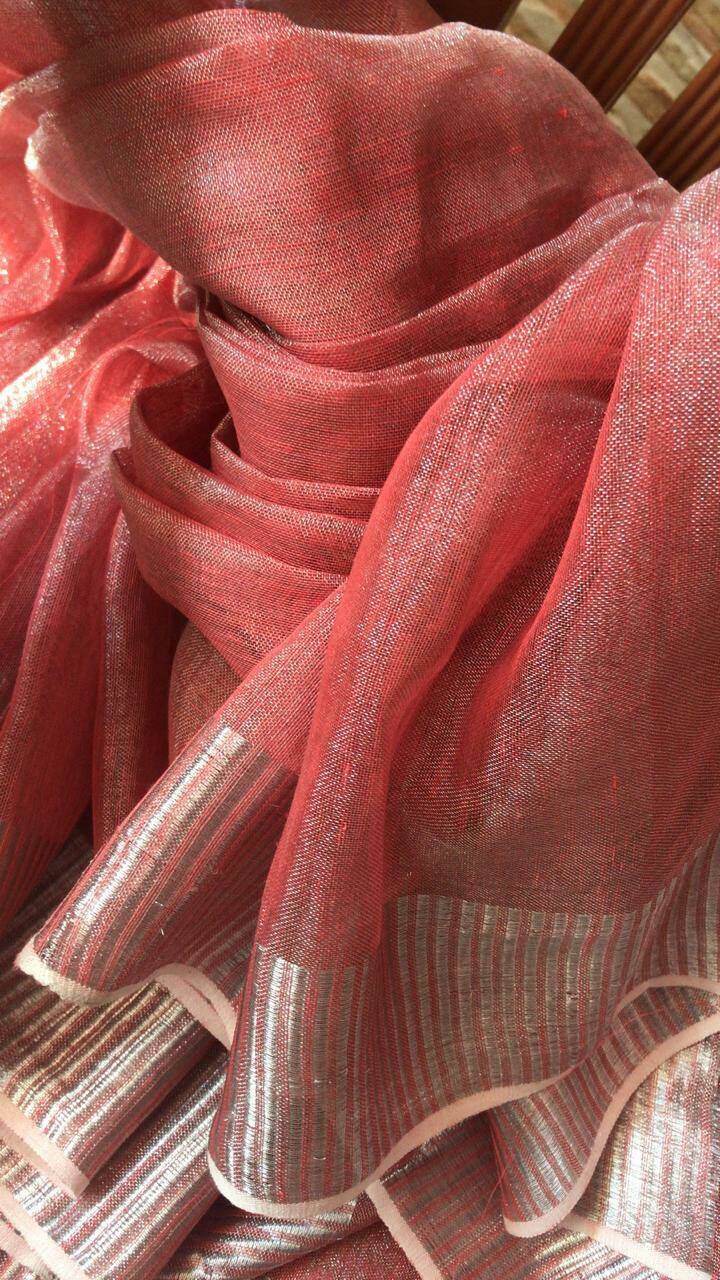 Red Linen Tissue Saree,linen Tissue Red Pure Organic Handwoven Saree ...