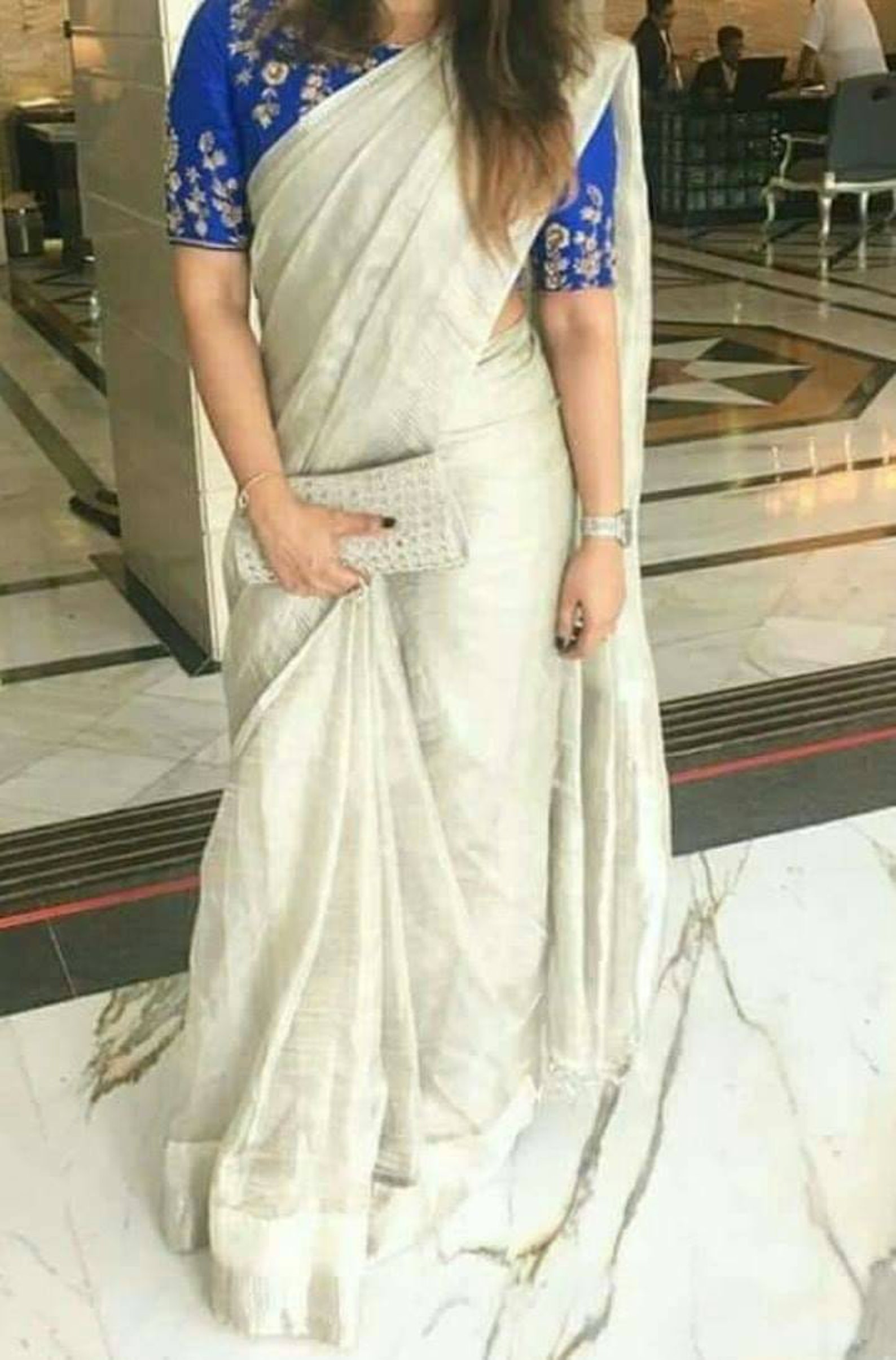 Linen Tissue Silver Color Pure Organic Handwoven Saree With Contrast ...