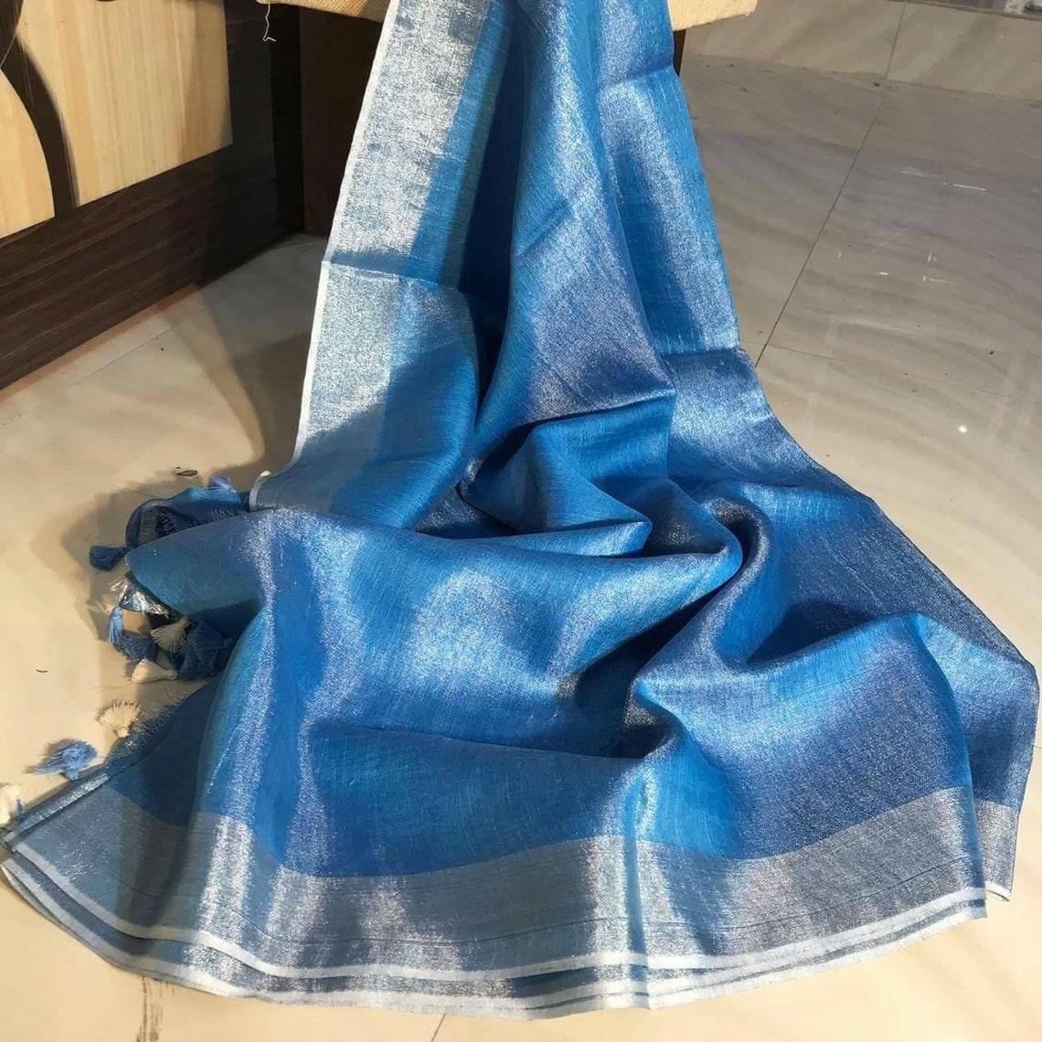 Linen Tissue Blue Pure Organic Handwoven Saree With Silver Zari Border ...