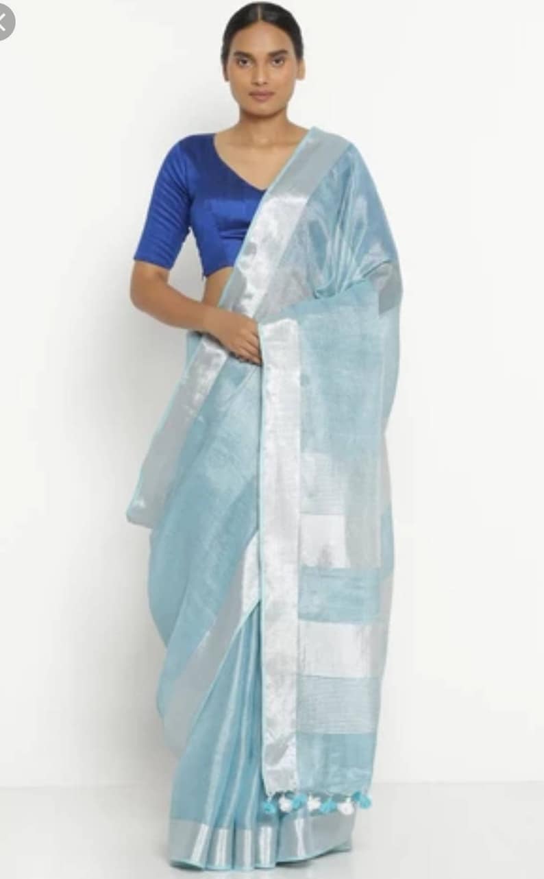 Aqua Blue Linen Tissue Saree,organic Handwoven Linen Tissue Saree With ...