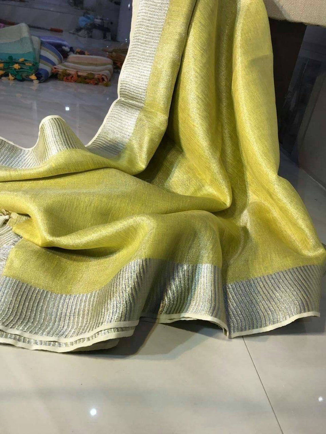 Linen Tissue Yellow Pure Organic Handwoven Saree With Silver Border ...