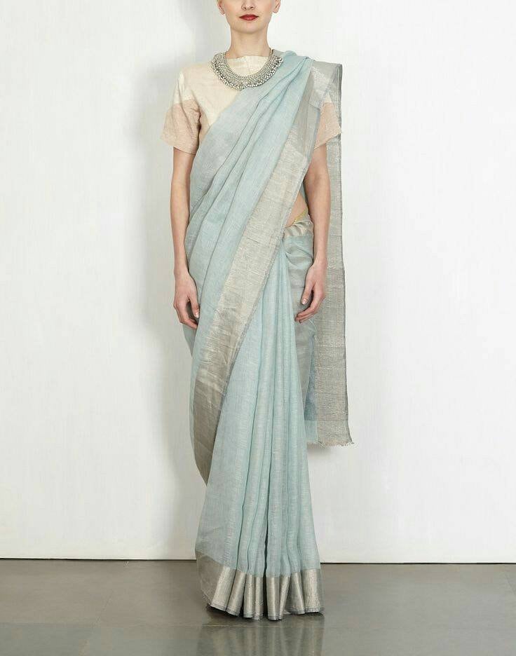Light Blue Linen Saree,linen by Linen 100 Count Light Blue Pure Organic ...