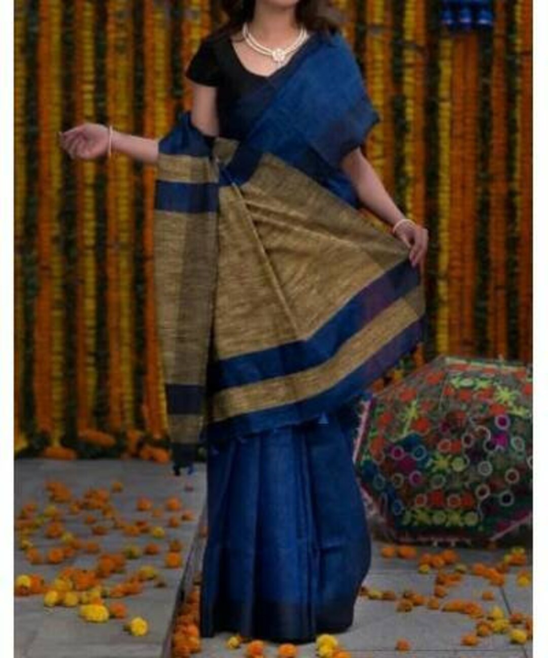 Royal Blue Linen Saree,linen by Linen 100 Count Royal Blue Pure Organic ...