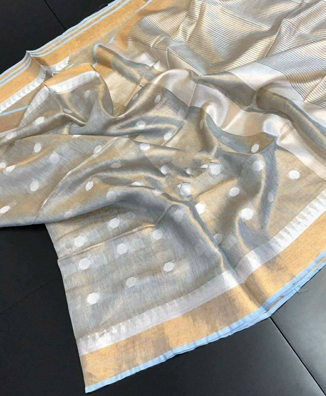 Light Blue Linen Tissue Saree With Silver Temple and Buta Weaving Work ...